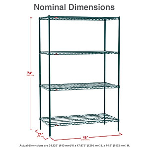 METRO Super Erecta Metroseal Green Epoxy Shelving Unit - Industrial Wire Shelving for Restaurants, Kitchens, Walk-in Coolers/Freezers with Microban - 4 Tier, 2000 lbs Capacity, 24” W x 48” L x 74” H