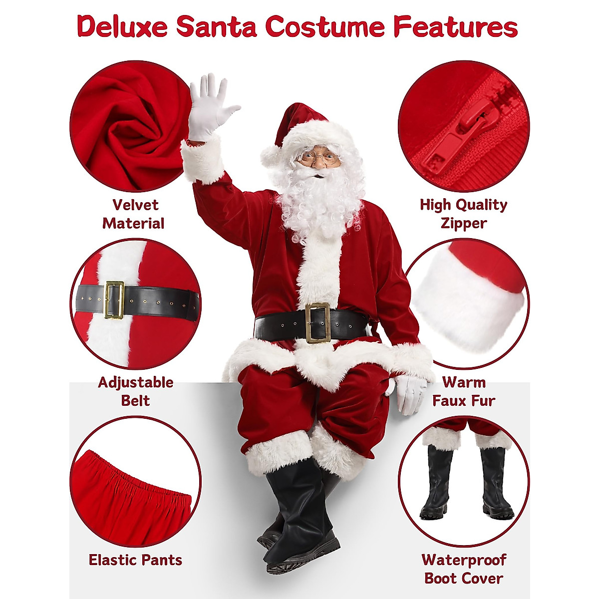 ADOMI Santa Claus Costume for Men Adults Santa Suit 11pcs Mens Red Deluxe Christmas Clause Outfit Cosplay Vacation Suits Set M