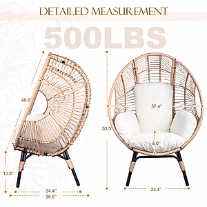 Brafab Stationary Egg Stand, Oversized Large Wicker Lounger with 8" Thick Cushion and 500 lbs Capacity, Heavy Duty Steel Frame, Rattan Basket Chair for Outdoor Patio Backyard (Natural), Cross Weave
