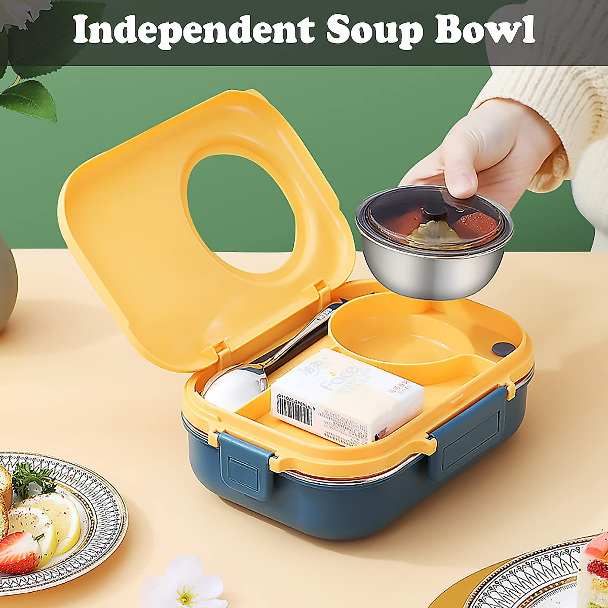 LANSKYWARE Stainless Steel Bento Box with Insulated Lunch Bag, 900 ml Lunch Box & 200 ml Soup Bowl, Blue & Yellow