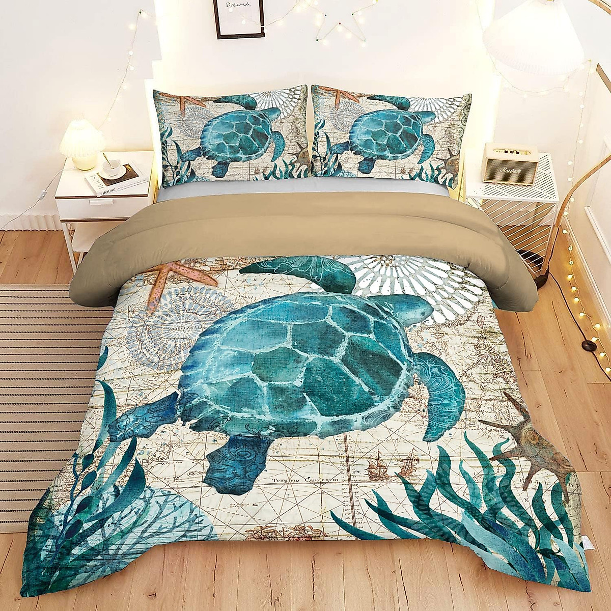 MUSOLEI Ocean Comforter Set Turtle Comforter Set, Sea Turtle Bedding Collections Soft for Teen Boys Turquoise Ocean Themed Mediterranean Style Printed Design Quilt Set Queen Size Comforter（Queen）