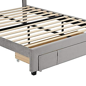 Livavege Queen Bed Frame with Wingback Headboard and Storage Drawers, Velvet Upholstered Platform w/Wooden Slats Support, Queen Size Bedframe No Box Spring Needed, Easy Assembly/Mattress Foundation