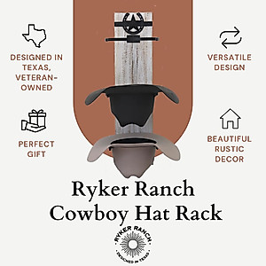 Ryker Ranch Cowboy Hat Rack for Wall | Western Hat Rack for Cowboy Hats | Rustic White Wood and Metal Cowboy Hat Holder for Wall | Cowboy Hat Hanger for Farmhouse Decor