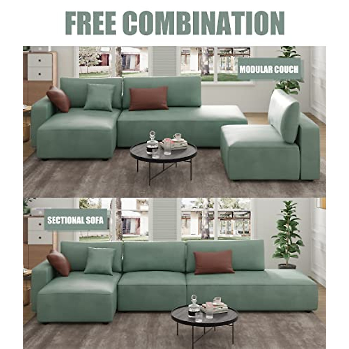 JACH 145" Modular Leathaire Large Sectional Sofa with Chaise, L-Shaped Faux Leather 5 Seater Minimalist Couch, Modern Right Hand Facing Sectional Sofas with 3 Throw Pillows, Green