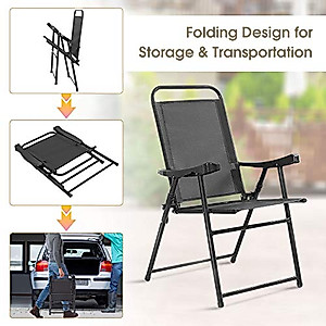 Safstar Folding Sling Chairs, Patio Furniture Chair Set with Armrest for Lawn Garden (Dark Gray 4PCS)