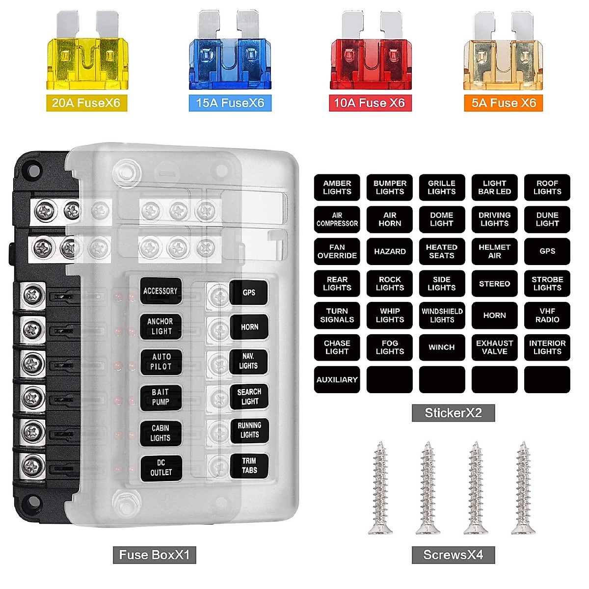 Deyooxi 12 Way 12V Blade Fuse Block,12 Circuit ATC/ATO Fuse Box Holder with LED Indicator Waterpoof Cover for 12V/24V Automotive Truck Boat Marine RV Van Vehicle (with 16 pcs Fuse)