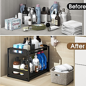 SHCAPENM Under Sink Organizers and Storage, 2 Tiers Bathroom Under Sink Organizers with Sliding Drawer Under Cabinet Basket Organizer Black for Bathroom Kitchen Countertop