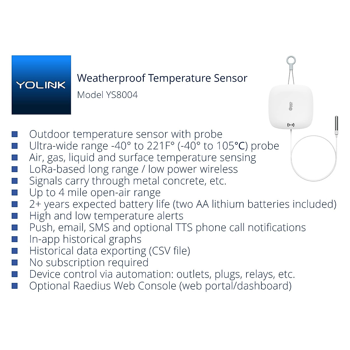 YoLink Weatherproof Fluid, Air, Surface Extreme High/Low Temperature Sensor with Probe, 1/4 Mile Long Range, YoLink Hub Required