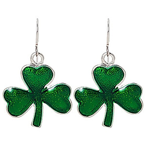 Artisan Owl - Irish Shamrock Green Enamel Good Luck Charm Clover Dangle Earrings