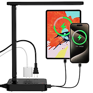 Desk Lamps for Home Office,Modern LED Desk Lamp for Dorm with 2 USB Charging Ports/Type C Port,2 AC Power Outlets,3 Lighting Mode,3 Level Brightness,Touch Control/Timer/Eye-Caring Foldable Table Lamp