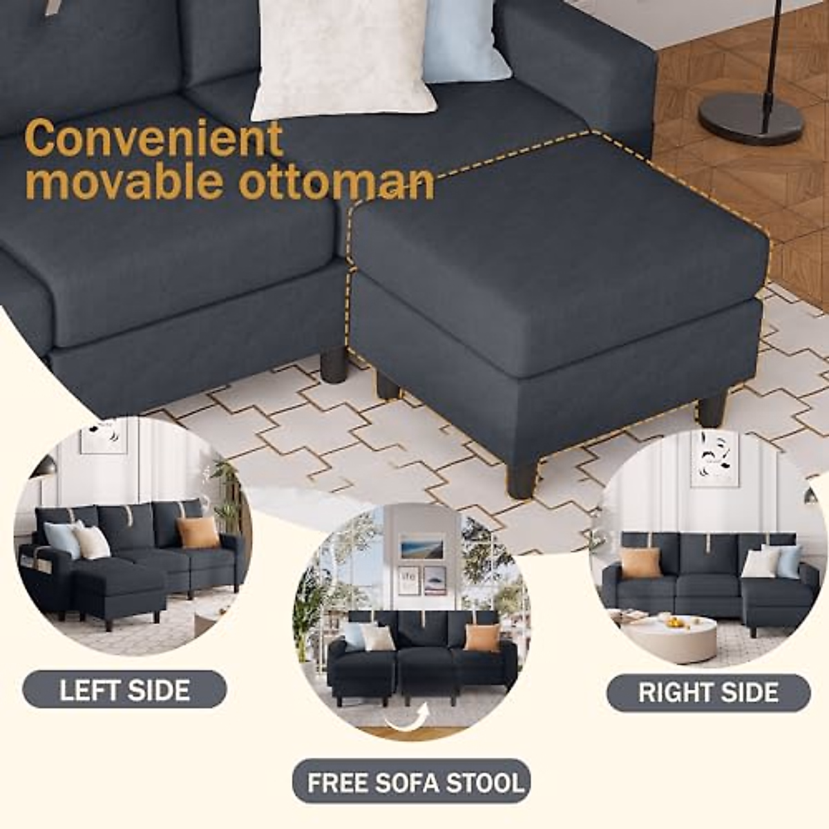 Pingliang Home 80" Sectional Sofas for Living Room, 3 Seat L Shaped Couch with Reversible Ottoman, Modern Linen Fabric Small Sectional Couch for Apartment Small Space, Dark Grey