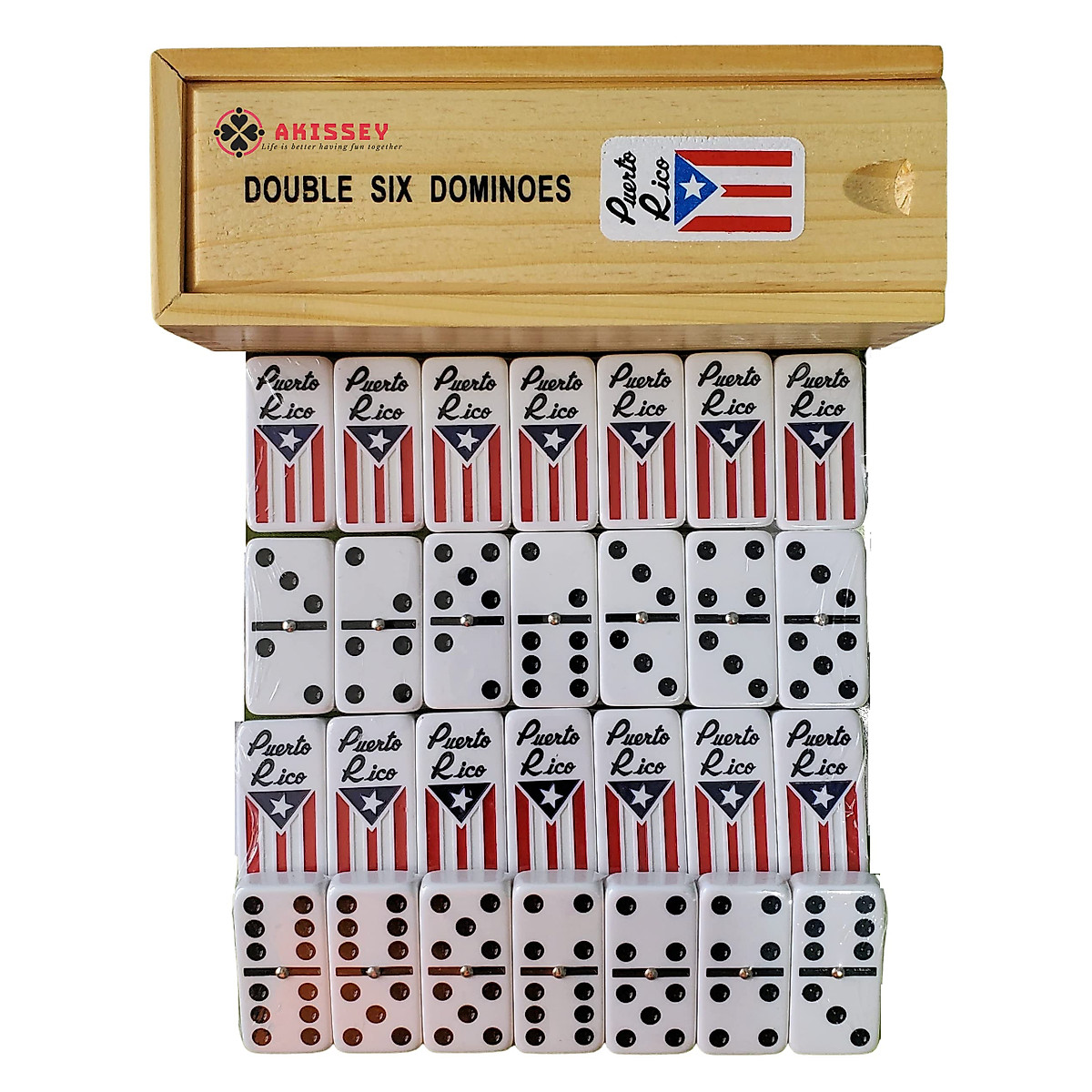 Puerto Rico Dominoes, Puerto Rican Dominoes with Flag Engraved, Puerto Rico Dominos with a Scorecard, Coqui Patch and Boricua Pride Keyfob