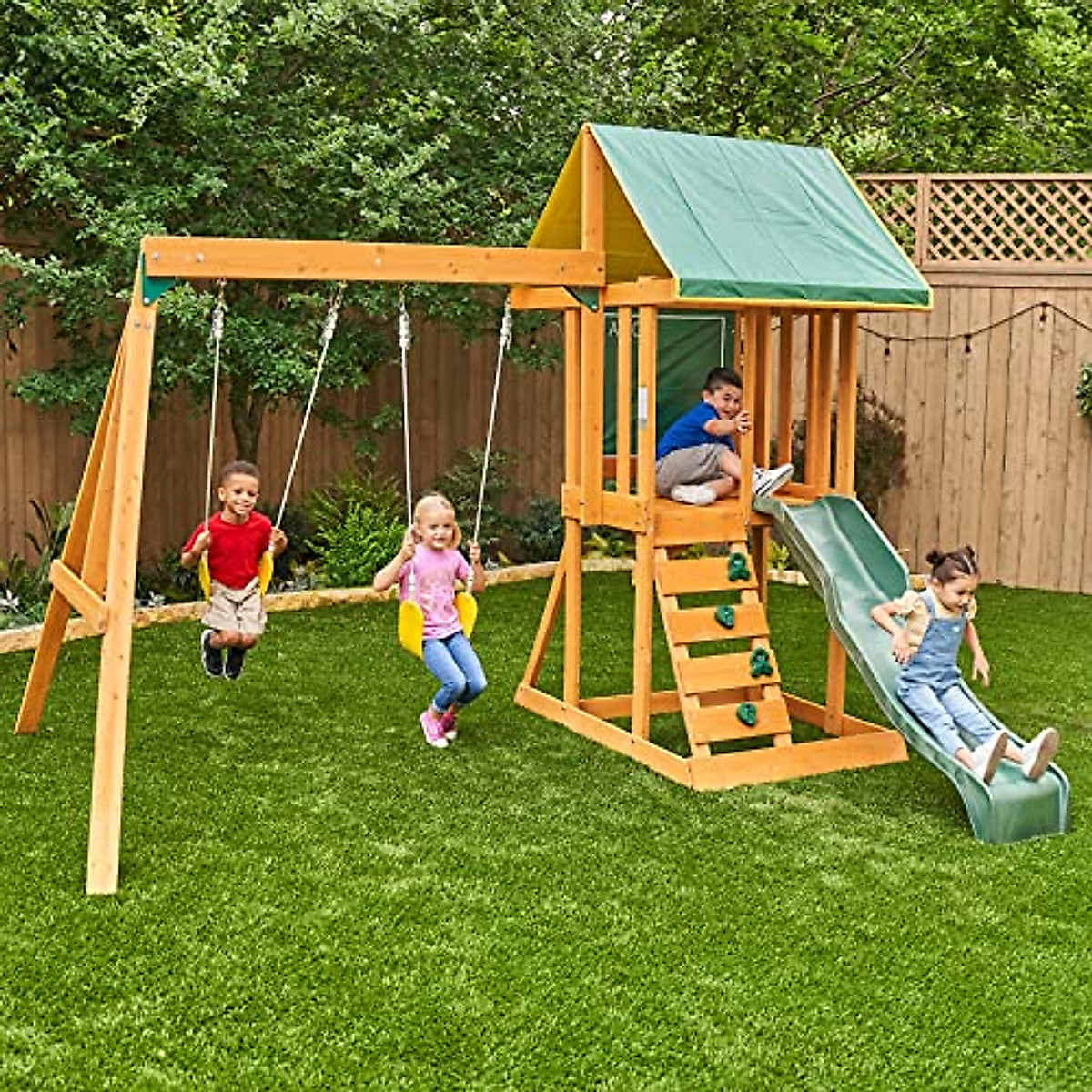 KidKraft Appleton Wooden Swing Set/Playset with Swings, Slide, Rock Wall, Chalkwall, Clubhouse and Sandbox, Ages 3-10, Amazon Exclusive Multicolor