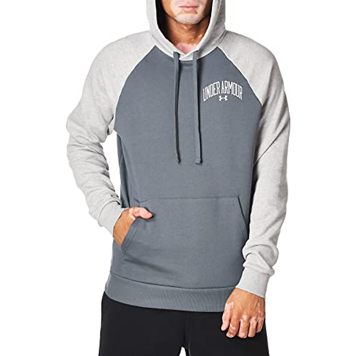 Under Armour Mens Rival Wordmark Colorblock Hoodie , (012) Pitch Gray / Mod Gray Light Heather / Onyx White , Large