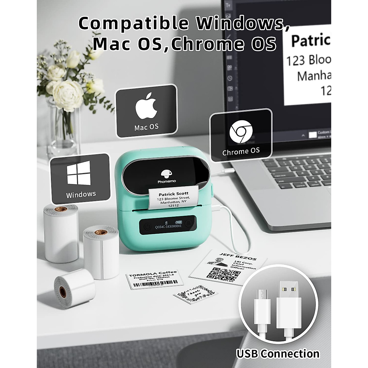 Phomemo M220 Label Maker, New Flagship 3.14 Inch Bluetooth Thermal Label Printer for Barcode, Address, Labeling, Mailing, File Folder Label, Easy to Use, with 3 Rolls Label