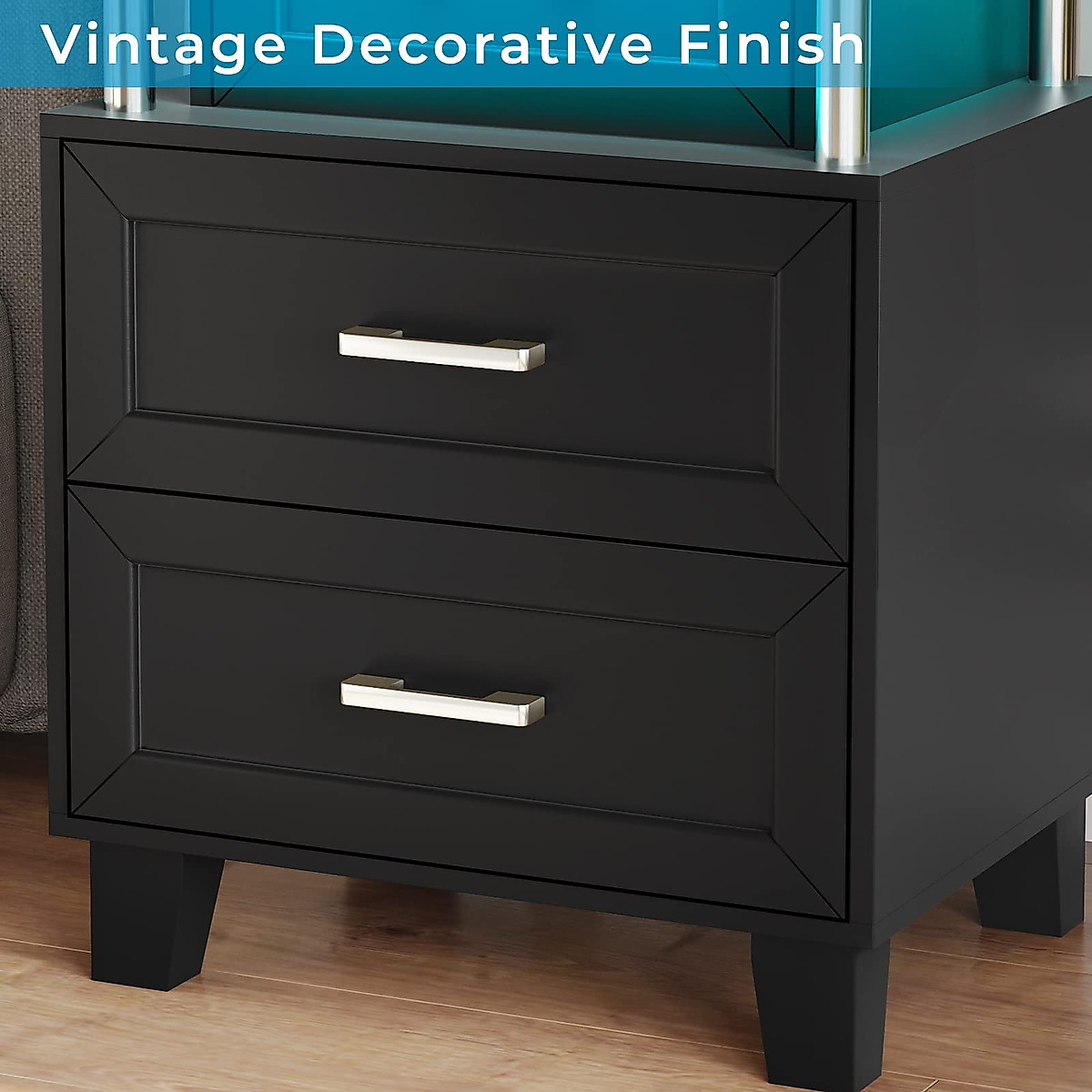 VIAGDO Black Nightstand Set of 2, LED Night Stand Set 2 with Charging Station, Modern Nightstand with 3 Drawers, Vintage Bedside Tables, End Side Table with Storage for Bedroom, Office