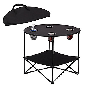 Preferred Nation | 2 Tier Folding Camping Table with 4 Mesh Cup Holders Black | Polyester with Metal Frame | Compact, Convenient Carry Case Included | Side Table for Tailgate