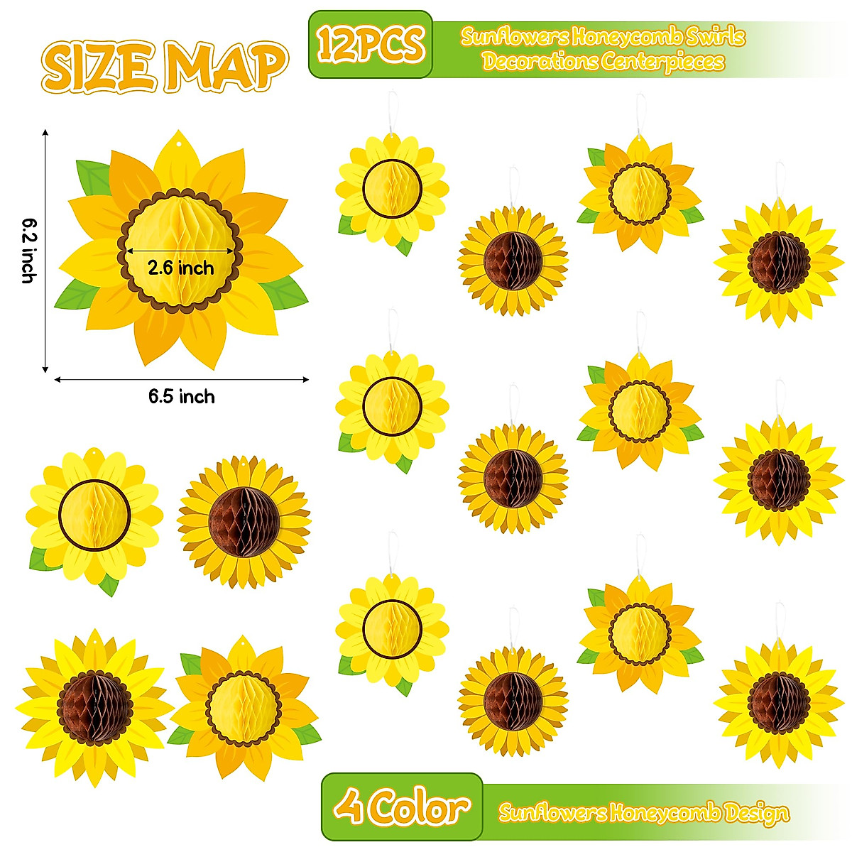 A1diee Sunflower Tissue Pom Poms - Yellow Flowers Wall Hanging Swirls Party Decorations Retro Boho Birthday Banner Baby Shower Bridal Wedding Classroom Backdrop Supplies Favor Décor 6.5" 6.2"