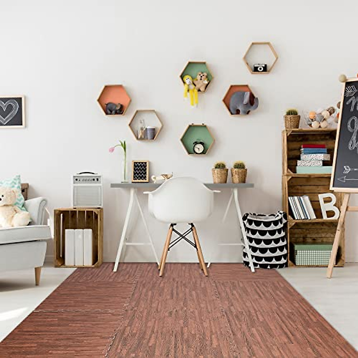 Amylove 96.5 Sq. ft Wood Grain Mats Foam Tiles 23.6 x 23.6 25 Pcs Inch Interlocking Foam Floor Mats EVA Floor Tiles for Kids Adults Playroom Bedroom Farmhouse Flooring(Brown)