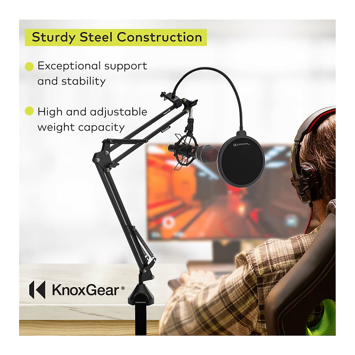 Knox Gear Boom Arm Microphone Stand for Podcasts, Studio Recording, Radio Broadcast, and Gaming, Microphone Desk Stand with 360-degree Rotation, Black Microphone Stand with 5/8-inch Screw Adapter