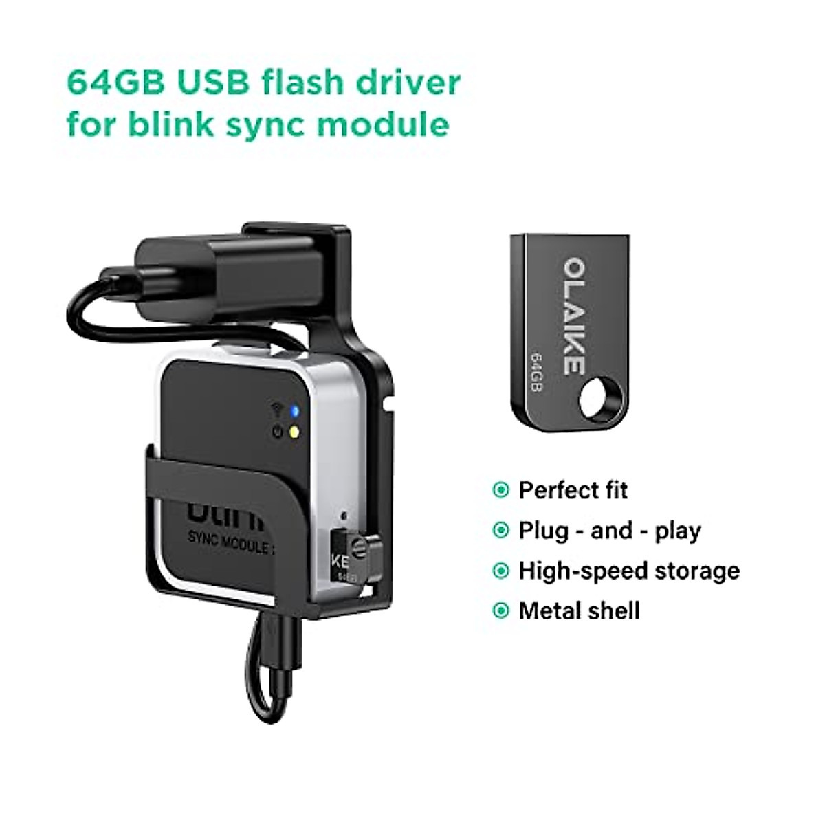 OLAIKE 64GB USB Flash Drive and Outlet Wall Mount for Blink Sync Module 2,Easy to Remove Bracket Holder with Short Cable for Blink Outdoor Indoor Security Camera(NOT Included Blink Sync Module),Black