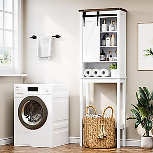 GarveeHome Over The Toilet Storage Cabinet, Farmhouse Storage Cabinet Over Toilet with Sliding Barn Door & Adjustable Shelves, above Toilet Organizer for Bathroom, White