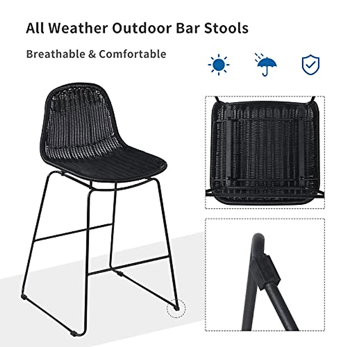 Verano Garden Patio Bar Stools Set of 4, Outdoor Wicker Bar Stools with Back Footrest, All-Weather Metal Frame for Garden Poolside Lawn Backyard