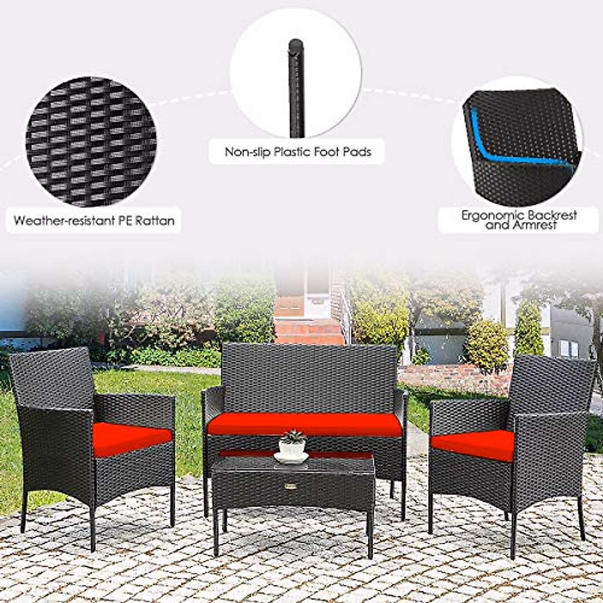 HAPPYGRILL 4pcs Patio Furniture Set Rattan Wicker Conversation Set with Tempered Glass Top Table, Outdoor Wicker Sofa Set with Removable Cushions for Poolside Garden Backyard