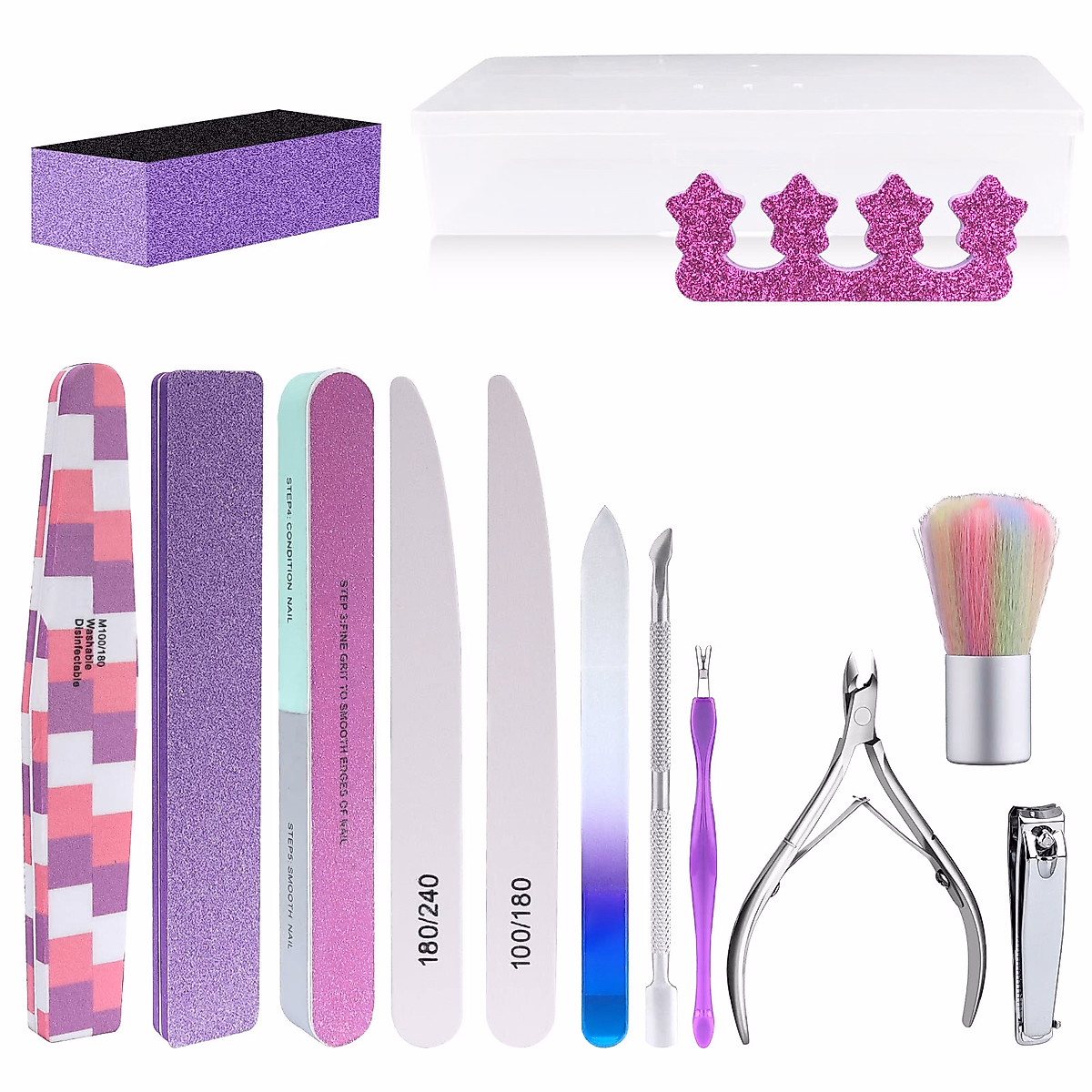 13 in 1 Nail File Set, Nail File and Buffer, Double Sided 100/180 Grit Nail Files, Mery Board, Cuticle Nippers, Cuticle Pusher, Cuticle Peeler, Cleaning Brush, Professional Manicure Tools(Purple)