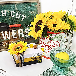 Huray Rayho Sunflower Wood Mini Book Stack Fall Tiered Tray Decor Hello Sunshine Summer Mini Faux Books Bundle Wood Bead Garland Yellow White Black Buffalo Plaid Farmhouse Shelf Sitter Decor Set of 3