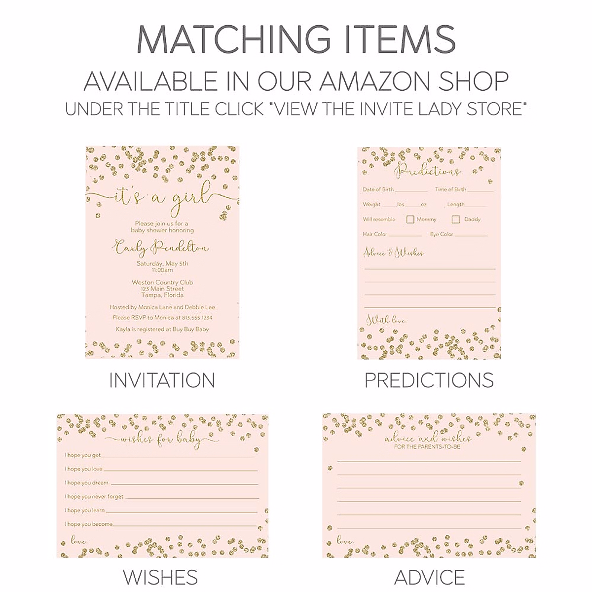 The Invite Lady Baby Shower Predictions and Baby Advice Card Pink Confetti Mom to Be Sprinkle It's a Girl Gold Glitter Confetti Printed Cards (24 Count)