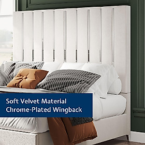 Jocisland King Bed Frame with 58" Tall Headboard, Velvet Upholstered Platform Bed Frame with Silver Plating Trim, Sturdy Bed No Box Spring Needed, Cream