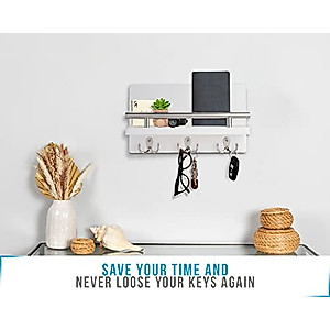 Comfify Key Holder for Wall - Natural Pine Wood Texture, Modern Decorative Finish, Metal Key Hooks with Mail Organizer/Sorter Slot White