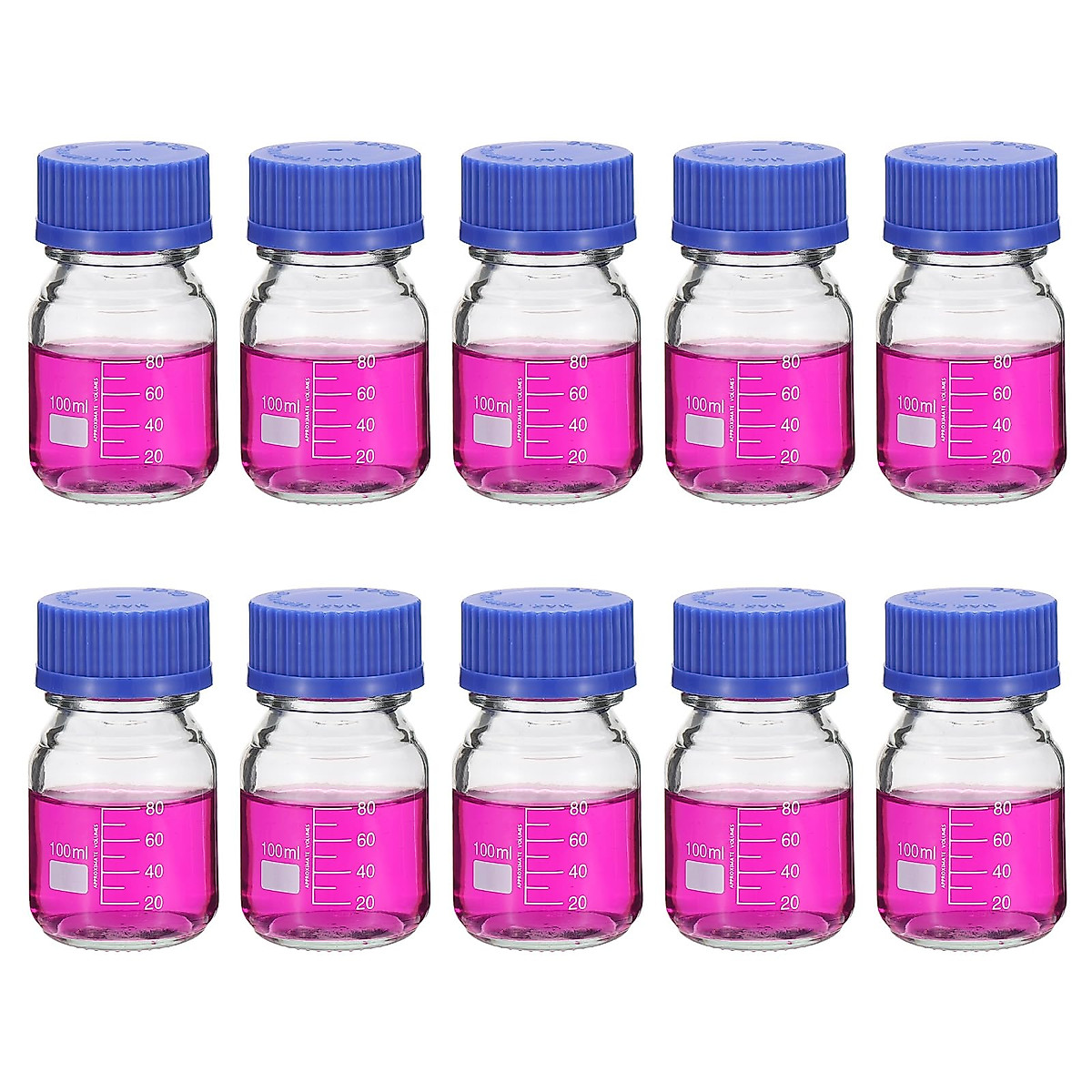 PATIKIL 10 Pack Reagent Media Storage Bottles, 100ml Borosilicate Glass Graduated Round Bottles with GL32 Blue Screw Cap for Lab Water Reagent Liquids, Clear