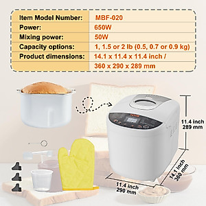 VEVOR Bread Maker, 19-in-1 2LB Dough Machine, Nonstick Ceramic Pan Automatic Breadmaker with Gluten Free Setting, Whole Wheat Bread Making, Digital, Programmable, 3 Loaf Sizes, 3 Crust Colors, White