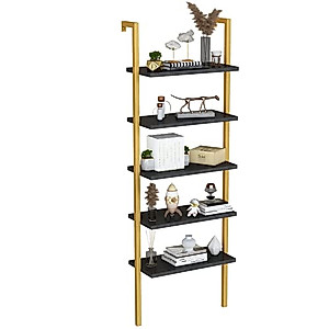 DKLGG 5-Tier Book Shelf Rack Against The Wall, Tall Ladder Shelf Wooden Bookcase Metal Frame Storage Plant and Flower, Single Standing Bookshelf Ladder ​for Living Room, Bedroom, Balcony, Home Office