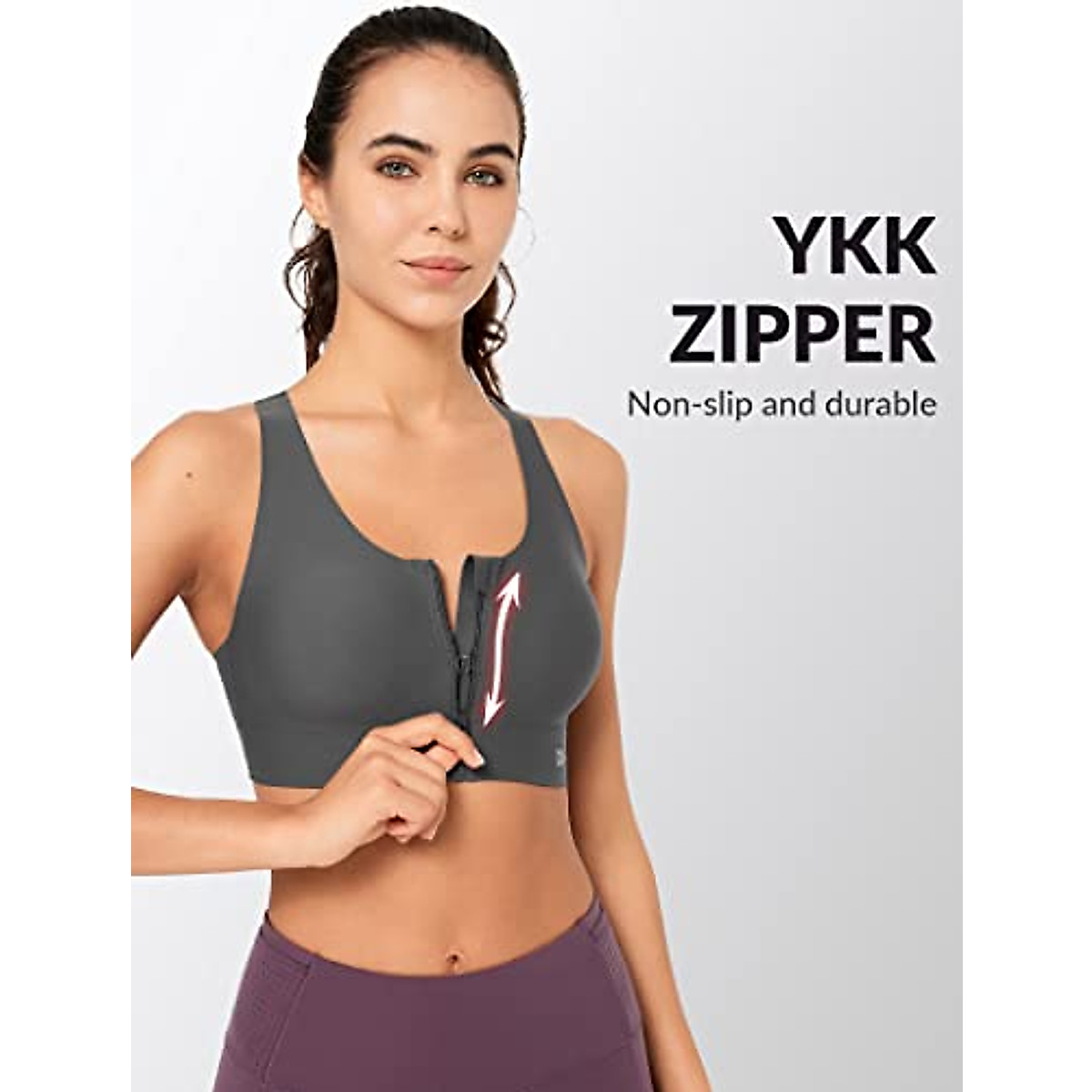 Yvette Seamless Post Surgery Sports Bra - Medium Support Zip Bra,Wireless Supportive,Comfortable，Grey, Medium