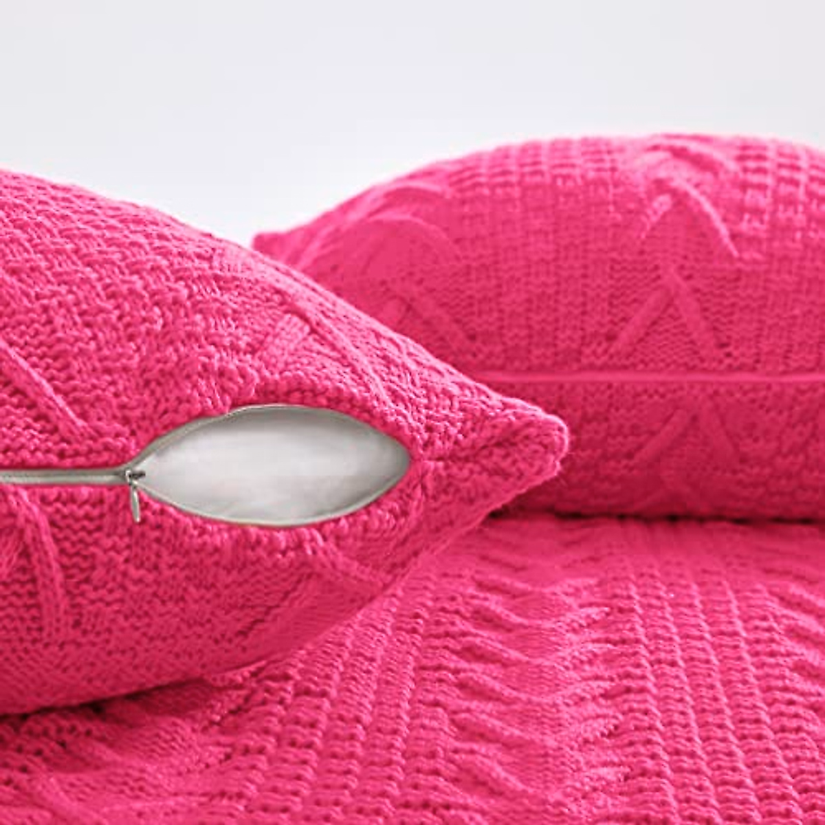 Aormenzy Knitted (50" x 60") and 2 Pillow Covers (18" x 18"), 3 Piece Hot Pink throw blanket Set, Decorative throw blankets for Couch Sofa Bed Living Room