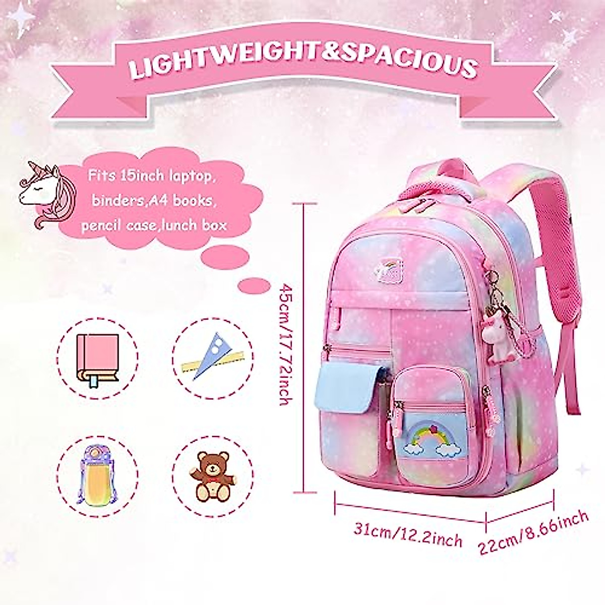 PIG PIG GIRL Girls Backpack, Functional Pockets Kids Backpack Kawaii Lightweight School Backpack Watrer Resistant Book Bag with Unicorn Pendant for Primary Elementary School,Pink