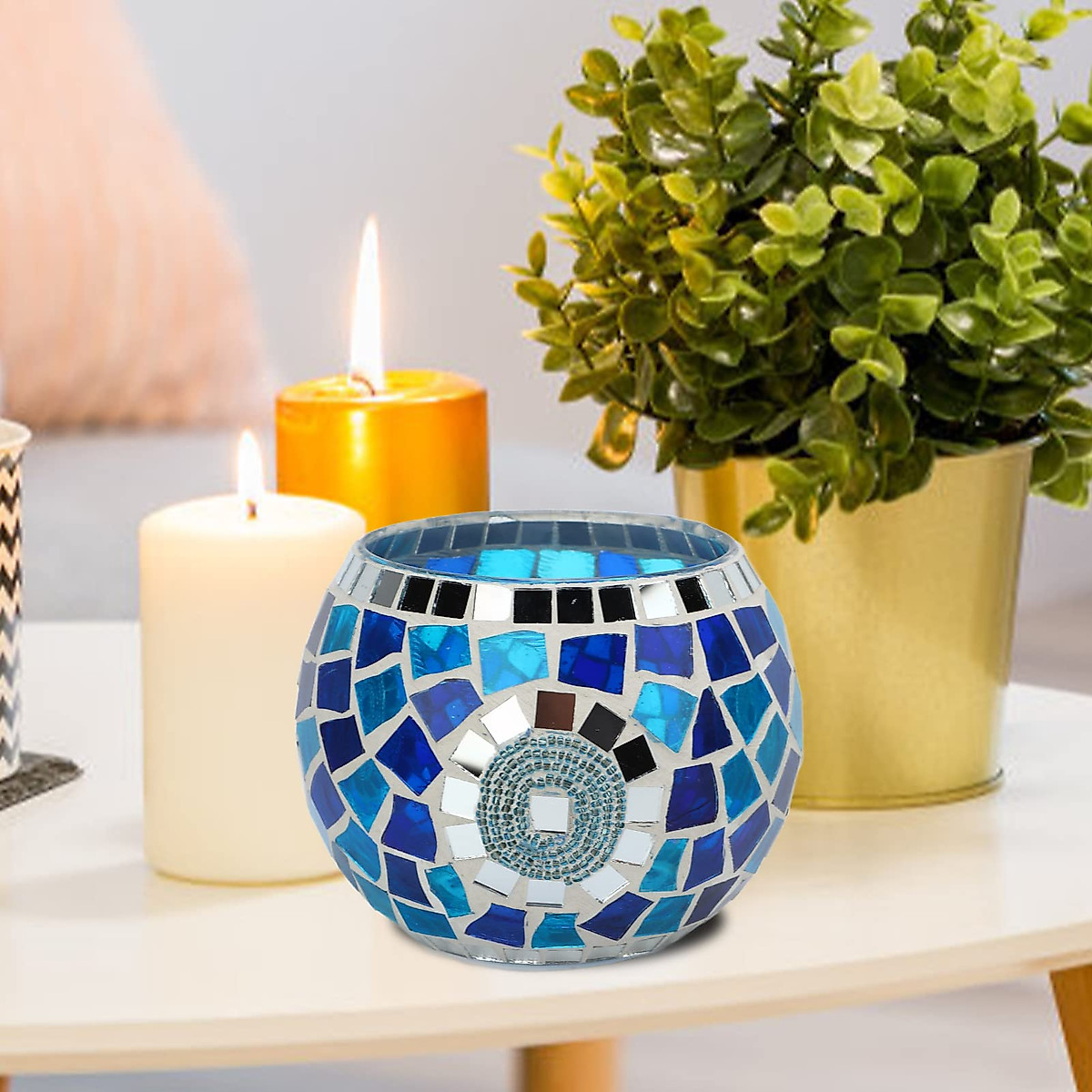 Mosaic Glass Votive Candle Holder for Tealight,Round Bowl Votive Candle Holders Pillar Candle Stands, Glass Mosaic Tealight Holders Potted Plant Bowl Vase Candle Centerpiece for Table Wedding