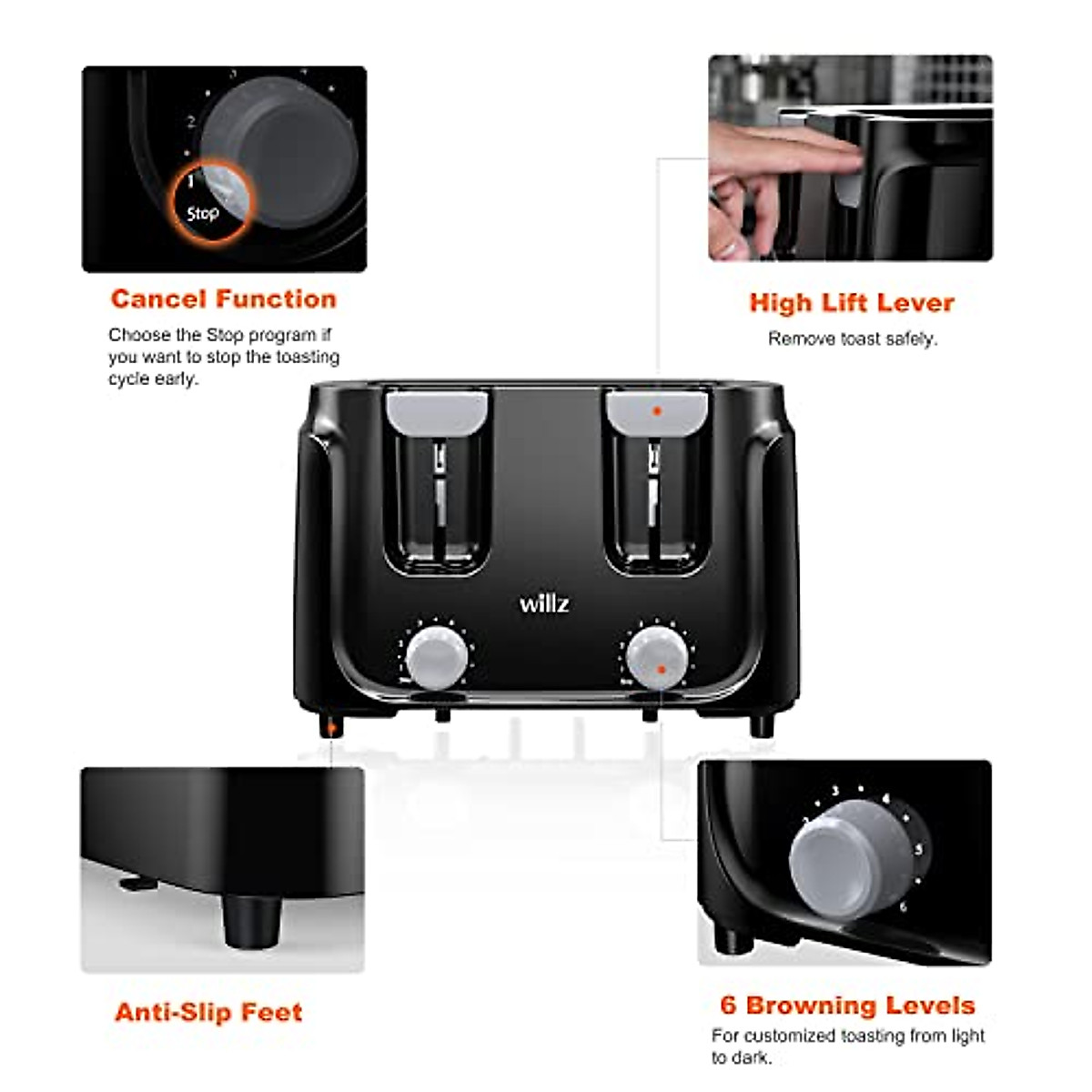 Willz 4-Slice Toaster, Extra Wide Slot with 6 Browning Levels, Compact Toaster for Bread, Removable Crumb Tray, Auto Shut-off & Easy Clean, Black