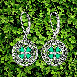 Shamrock Earrings St Patricks Day Earrings for Women Celtic Knot Irish Leverback Drop Sterling Silver Four Leaf Clover Earrings Green Jewelry