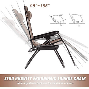 Vnewone Zero Gravity Chair Set of 2 Patio Folding Anti Reclining Lounge Deck Foldable Yard with Pillow and Cup Holder, Brown