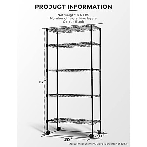 MGHH Garage Shelving, Metal Shelves 5 Tier Wire Shelving Unit Adjustable Heavy Duty Sturdy Steel Shelving Rolling Cart with Casters for Pantry Garage Kitchen, Black