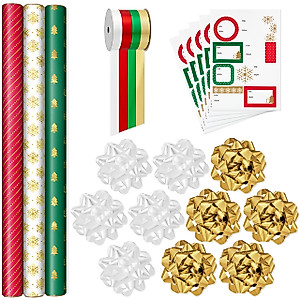 Hallmark Red, Green, Gold Christmas Wrapping Paper Set (90 sq. ft. ttl, 10 Bows, 4 Ribbon Colors, 40 Gift Tag Stickers) Stripes, Snowflakes, Trees