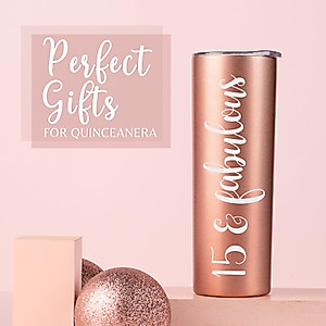 Onebttl Quinceanera Gifts, 15 Year Old Girl Gifts for Birthday, 15th Birthday Gifts for Girls, Female, Her - 20oz/590ml Stainless Steel Insulated Tumbler with Straw, Lid - 15 & Fabulous Rosegold
