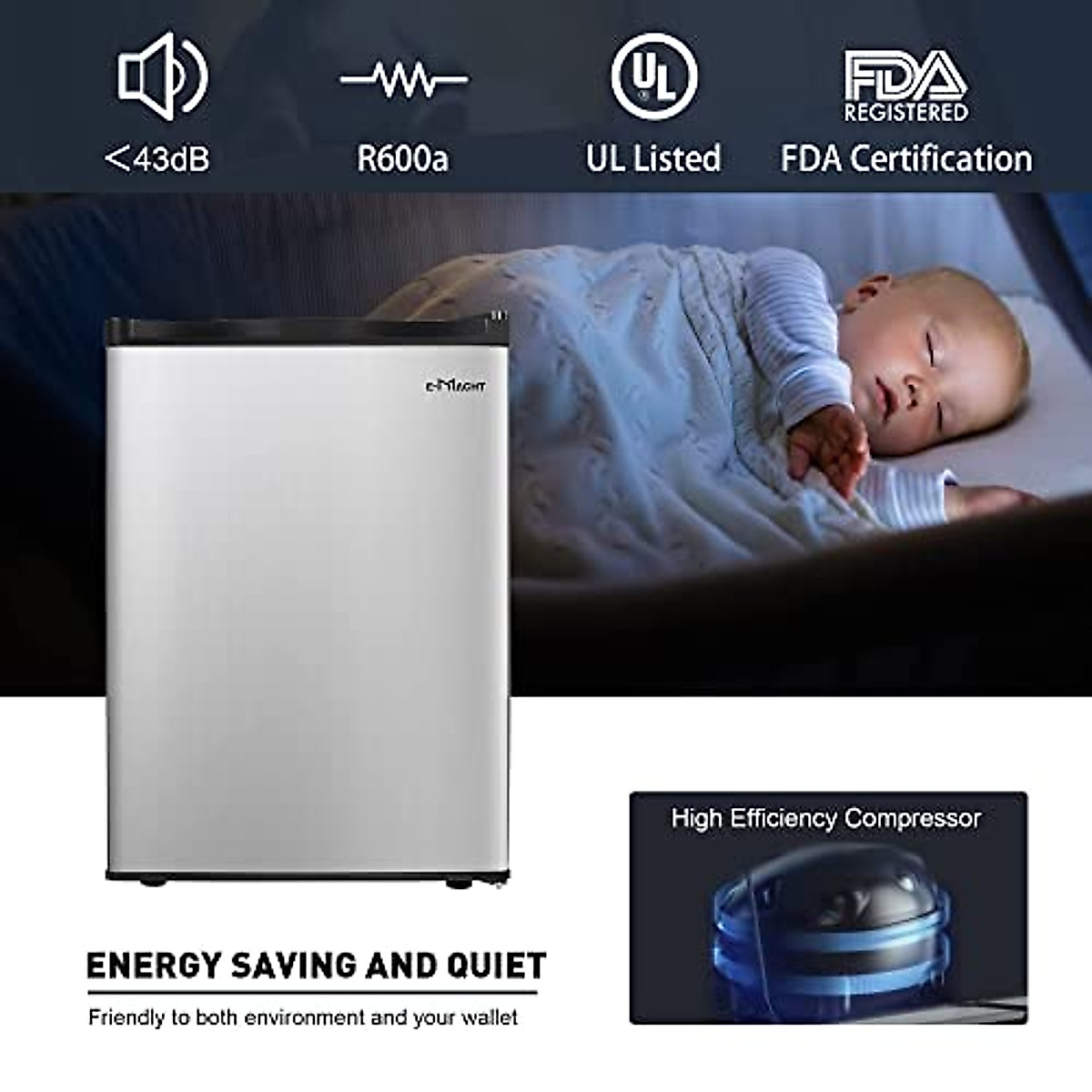 E-Macht 2.6 Cu.Ft. Mini Fridge with Freezer, Single Door Compact Refrigerator,Removable Glass Shelves, Reversible Door, Small Refrigerator for Apartment, Office, Dorm