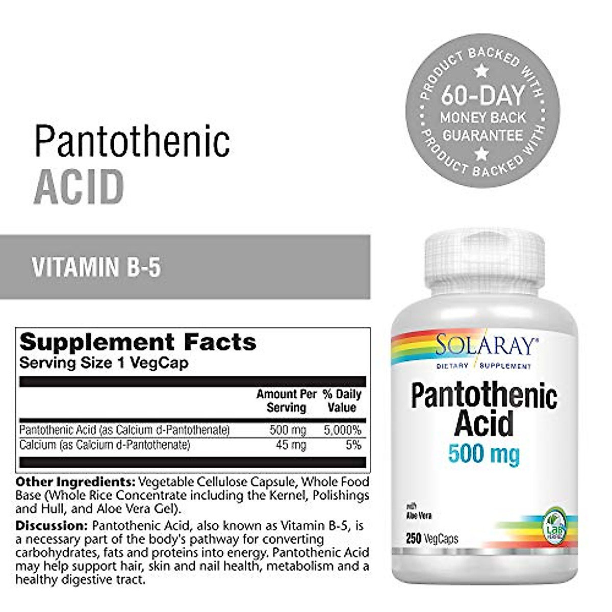 SOLARAY Pantothenic Acid 500mg | Vitamin B-5 for Coenzyme-A Production & Energy Metabolism | for Hair, Skin, Nails & Digestive Support | 250 VegCaps
