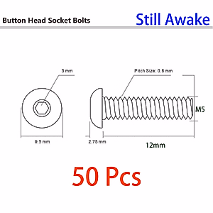 50 Pcs M5-0.8 x 12mm Button Head Socket Cap Screws, 10.9 Grade Alloy Steel, Allen Socket Drive, Black Oxide Finish, Full Thread (10.9 Grade,M5-0.8 x 12mm,50 Pcs)