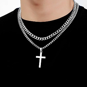 SENRAN Layered Cross Necklace for Men Boys Stainless Steel Layered Cuban Link Chain 16-24 inch Christian Cross Pendant Religious Jewelry Gifts(S-18-20)